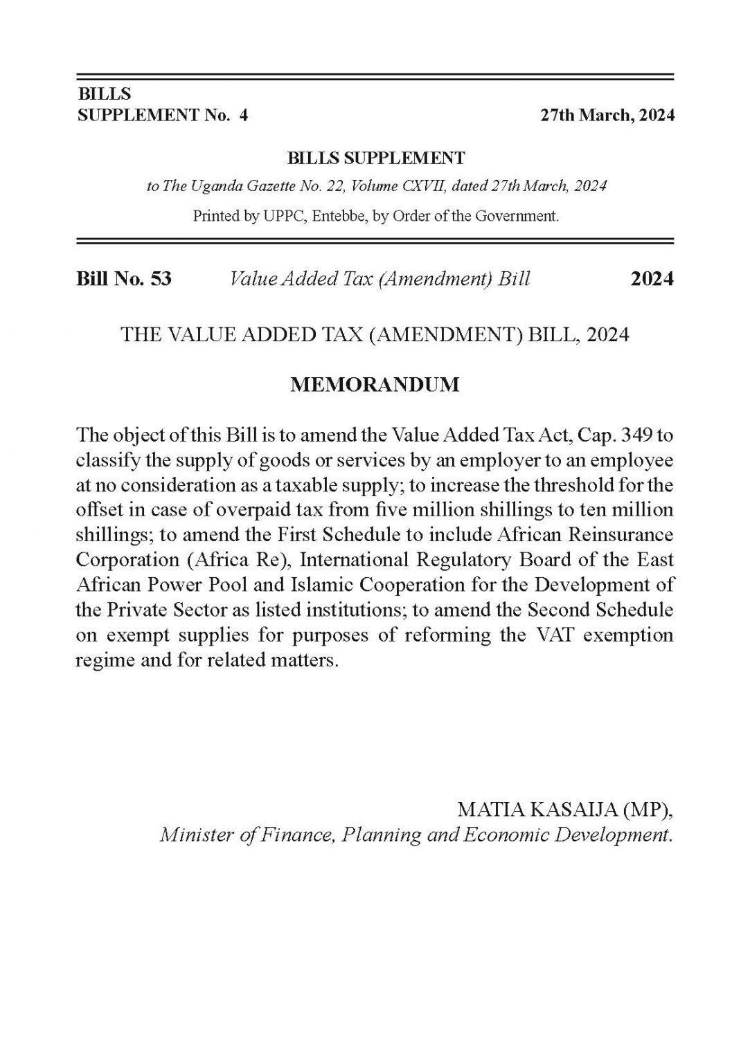 THE VALUE ADDED TAX (AMENDMENT) BILL, 2024 – Tax Justice Alliance Uganda